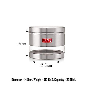 HAZEL Stainless Steel Containers Set For Kitchen Storage Transparent See Through Matt Finish Storage Jars Dabba, Set of 6, 2000 ML Each, Silver