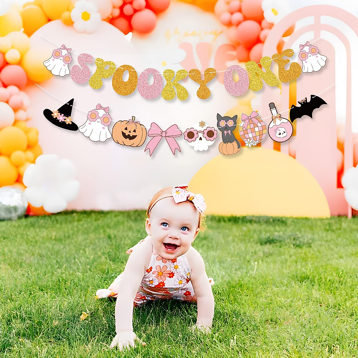 Groovy Spooky One Birthday Decorations Girl, Glitter Spooky One Banner, Pink Hippie Halloween 1st Birthday Party Decorations, Retro Groovy Coquette Halloween First Birthday Party Supplies