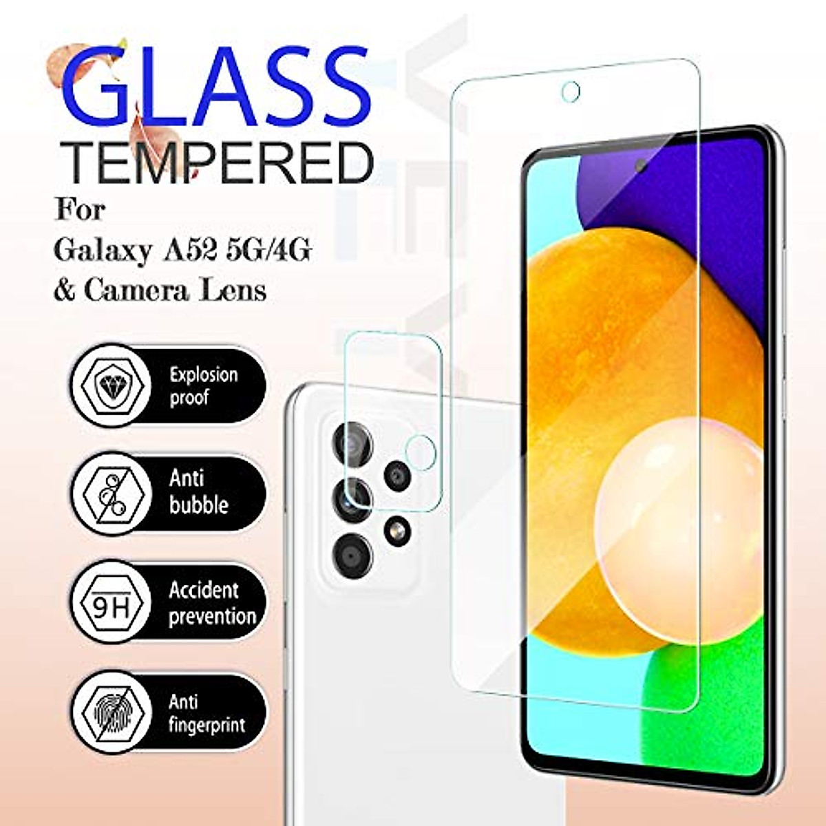 Galaxy A52 HD Clear Tempered Glass Screen Protector + Camera Lens Protectors by YEYEBF, [2+2 Pack] [3D Glass] [Anti-Glare] [Bubble-Free] Screen Protector Glass for Samsung Galaxy A52