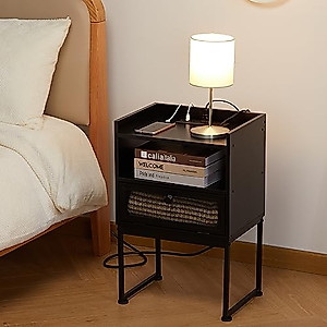 ZEXVIDA Small End Table Nightstand with Charging Station for Small Space,Bedside Table with Storage, Modern Industrial Sofa End Table for Small Place Living Room Bedroom Apartment,Black