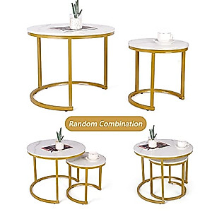 SMOOL Modern Nesting Coffee Table Set of 2 for Living Room Balcony Office, Round Wood Accent Side Coffee Tables with Sturdy Metal Frame, Easy Assembly(Marble)