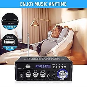 Sunbuck Max 250W×2, Bluetooth Stereo Amplifier, 2 Channel Outdoor Speaker Amplifier, Stereo Receiver for Home Audio w/USB 2.0, MIC in, Remote Control, Hi-Fi Small Amplifier for Speakers, AS-29BU