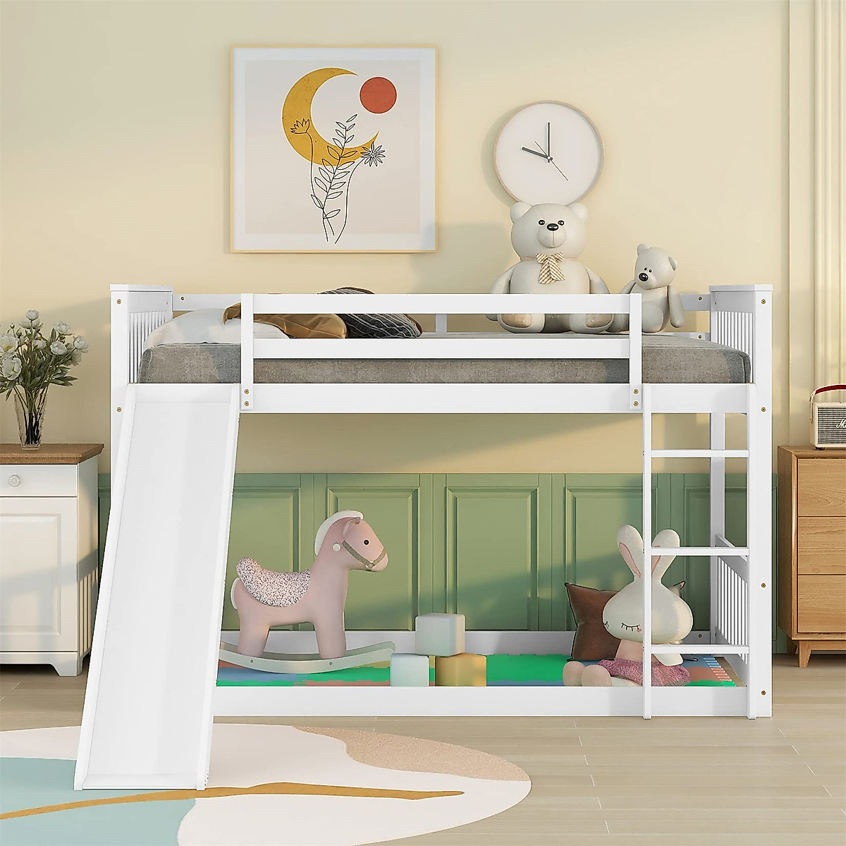 Bellemave Full Over Full Low Bunk Bed with Slide Wood Floor Bunk Beds with Ladder for Kids Boys Girls Teens, White