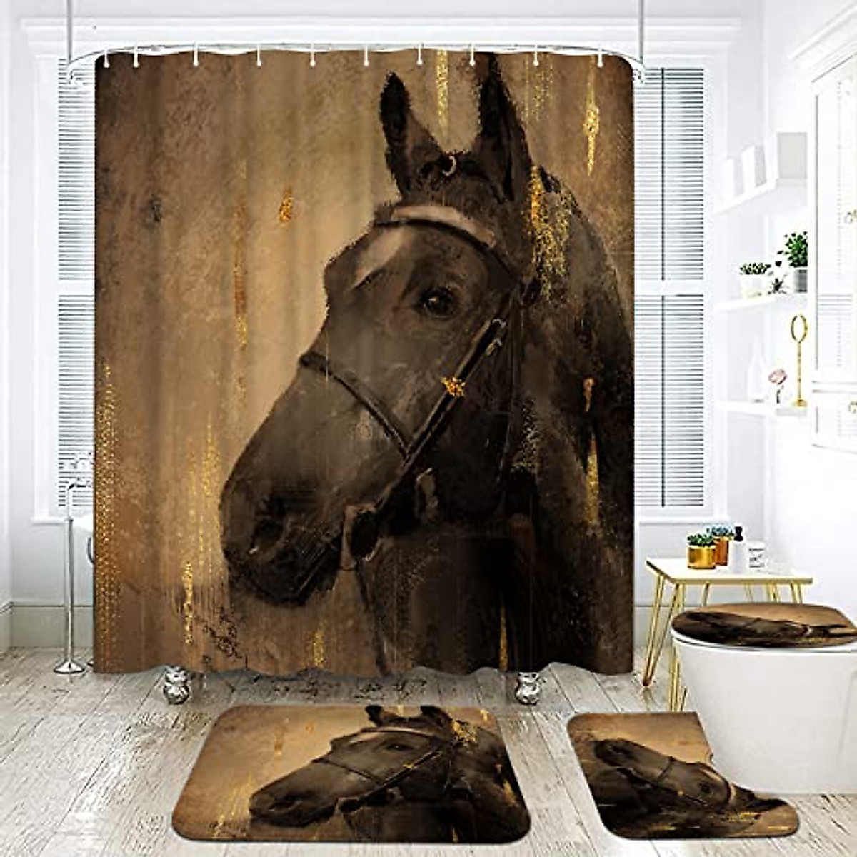 AtGoWac 4 Pcs Set Horse Shower Curtain Set with Rugs Farmhouse Animal Rustic Brown Horse Shower Curtain Bathroom Decor