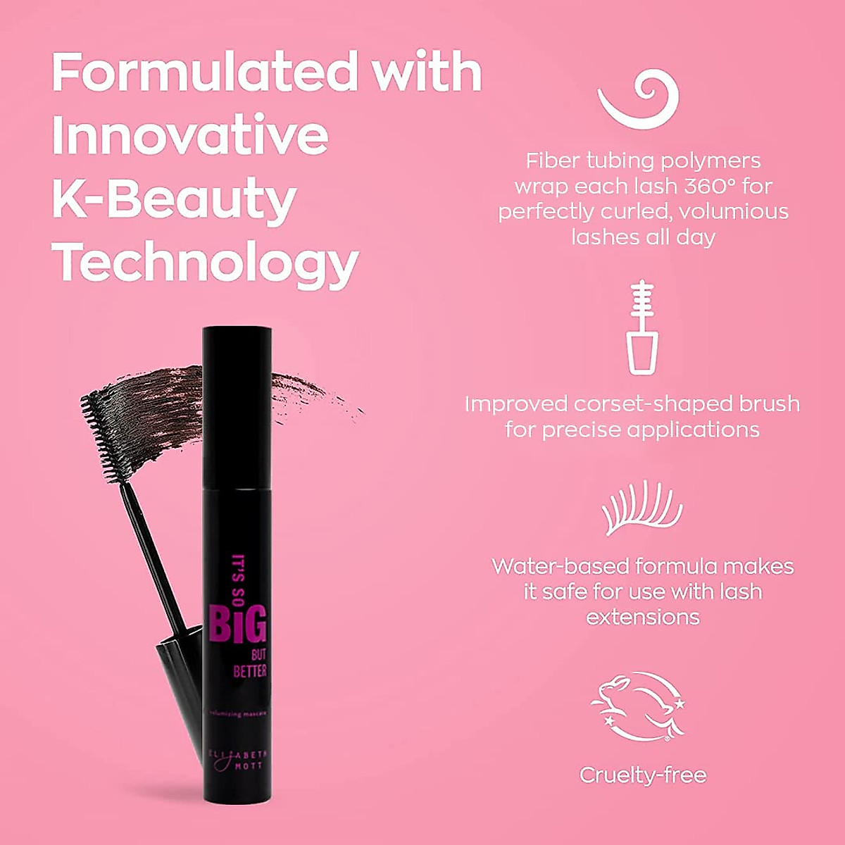 Elizabeth Mott Black Volumizing Smudge-Proof Mascara-Cruelty Free Lengthening Fiber Mascara with Hourglass Wand-Water Resistant,No Clump,Amazing Eyelashes,Safe with Lash Extensions,Full-Size 10ml