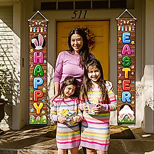 Easter Party Supplies-Happy Easter Porch Sign Banner,2PCS Hello Peeps Front Door Welcome Banner for Spring Theme Easter Bunny Door Decoration (Porch)