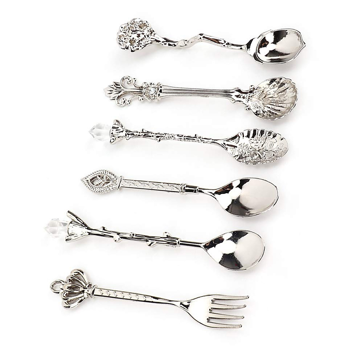 Fdit 6Pcs/Set Vintage Carved Coffee Spoon Teaspoon Retro Zinc Alloy Dessert Coffee Tableware Spoons Cutlery Kitchen(Silver)