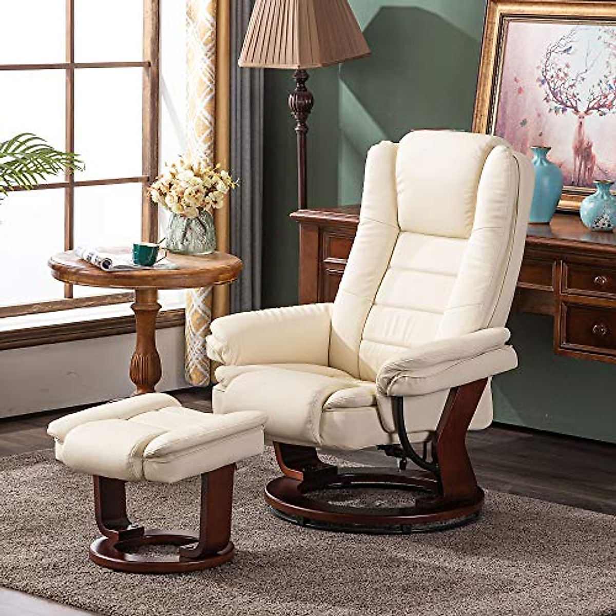 MCombo Recliner with Ottoman Chair Accent Recliner Chair with Vibration Massage, Removable Lumbar Pillow, 360 Degree Swivel Wood Base, Faux Leather 9096 (Cream White)