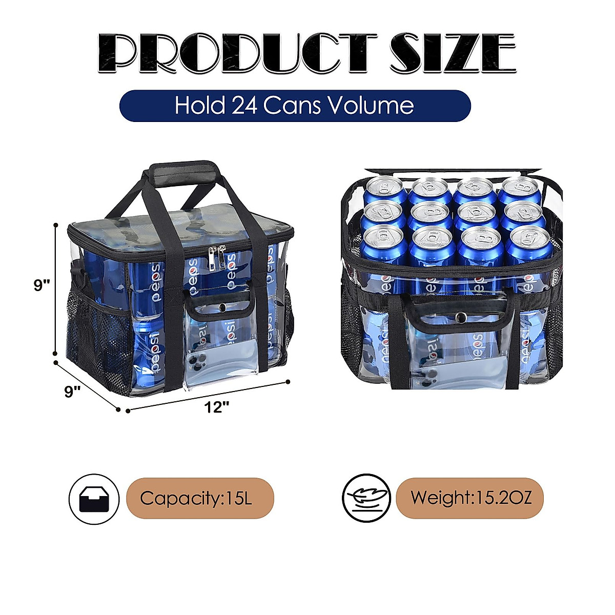 DST Gainbow Clear Lunch Bags For Work, 24-Can Large Transparent Lunch Bag Stadium Approved, Clear Tote Bag with Adjustable Strap and Front Pocket for Men Women(12"x 9" x 9" Black)