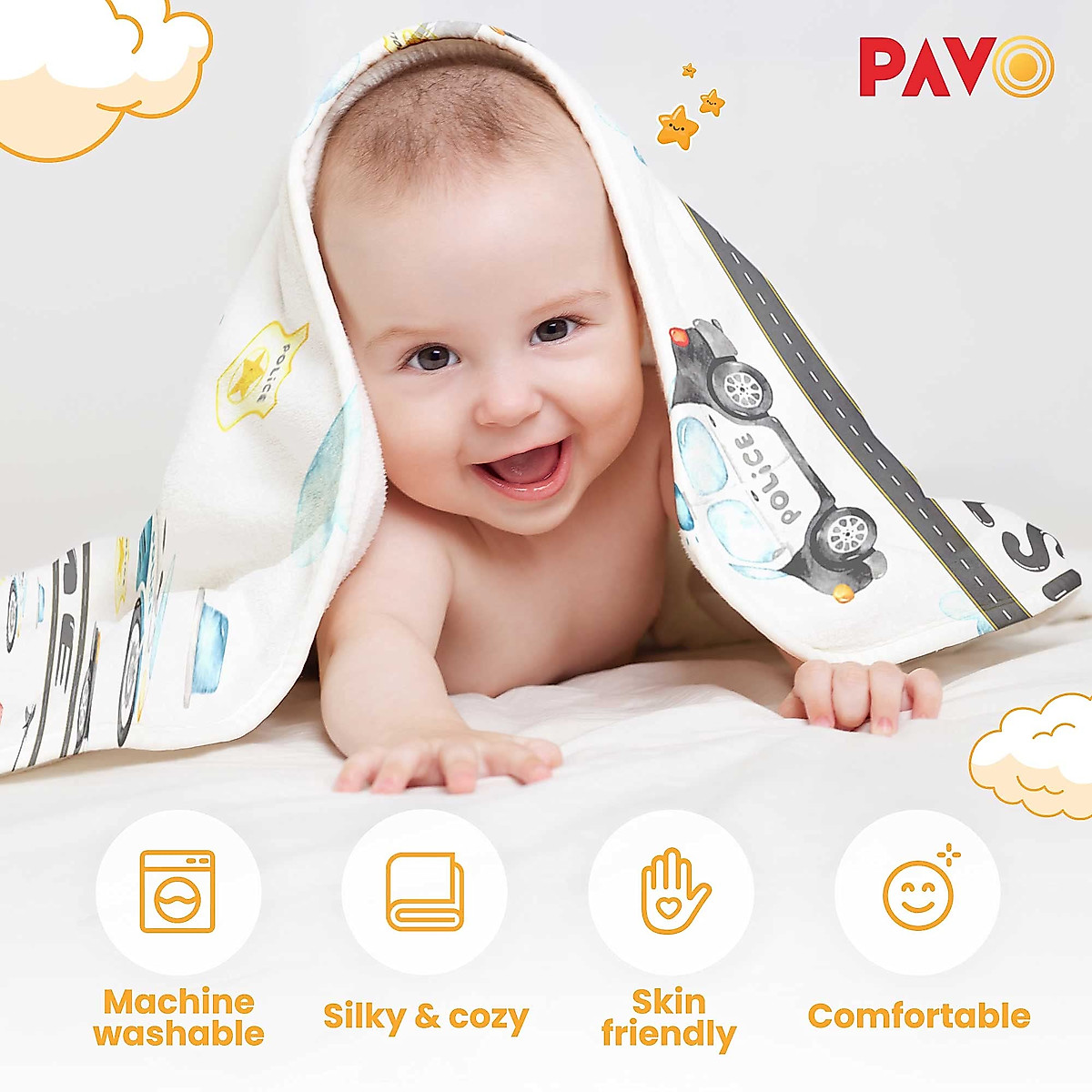 Pavo Customized Baby Blanket with Name - Police Car Personalized Baby Blankets for Boys Girls - Includes Bib & Onesie Option - Personalized Baby Gifts for Christmas, Thanksgiving, Shower