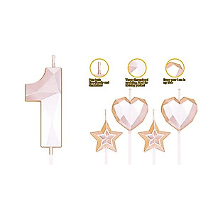 Rose Gold Number 1 Candles and Star Heart Candles 2.76 inch Number Candles for Birthday Cakes 3D Diamond Shaped for Cake Decorations(Rose Gold Candle 1)
