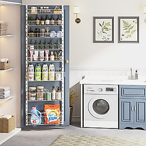 1Easylife Over The Door Pantry Organizer, 8-Tier Adjustable Baskets Pantry Organization, Metal Door Shelf with Detachable Frame, Space Saving Hanging Spice Rack for Kitchen Pantry Bathroom, Off White