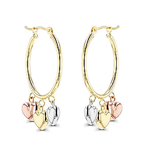 14K Tri-Color Gold Dangling Hearts Hoop Earring