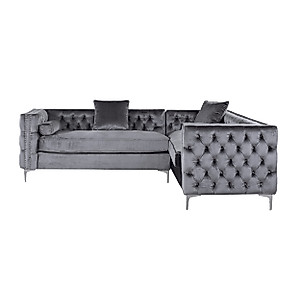 Iconic Home Mozart Elegant Velvet Modern Deeply Tufted with Silver Nailhead Trim Chrome Legs Right Facing Sectional Sofa, Grey