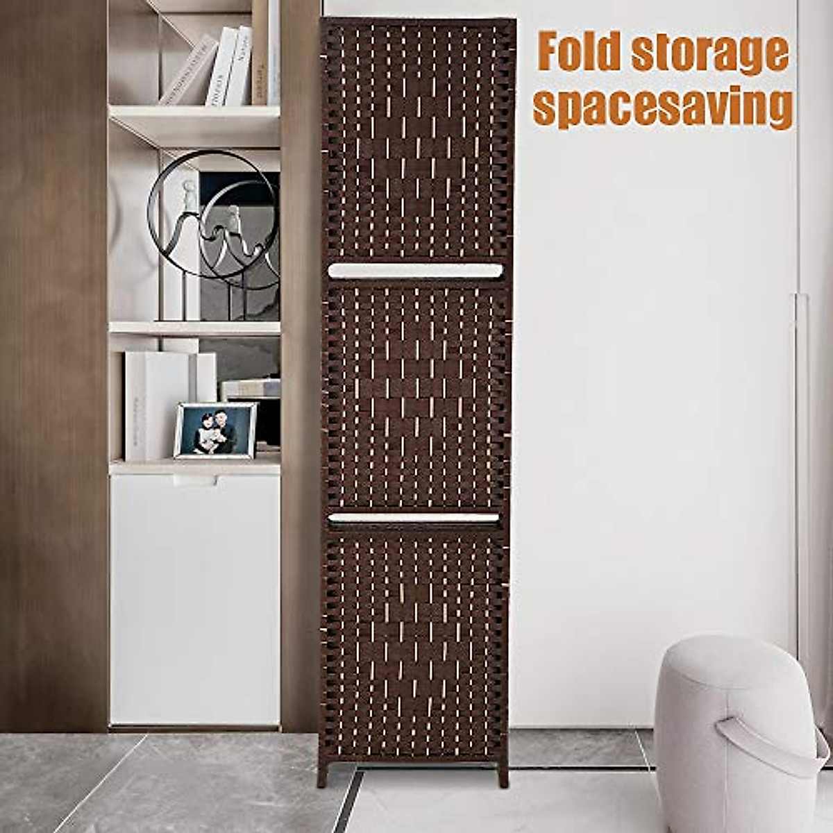 Room Dividers and Folding Privacy Screens 6 Panel 70.6 Inch Tall Portable Room Seperating Divider w/ 2 Display Shelves Solid Wood Room Partitions Freestanding for Home, Office, Restaurant