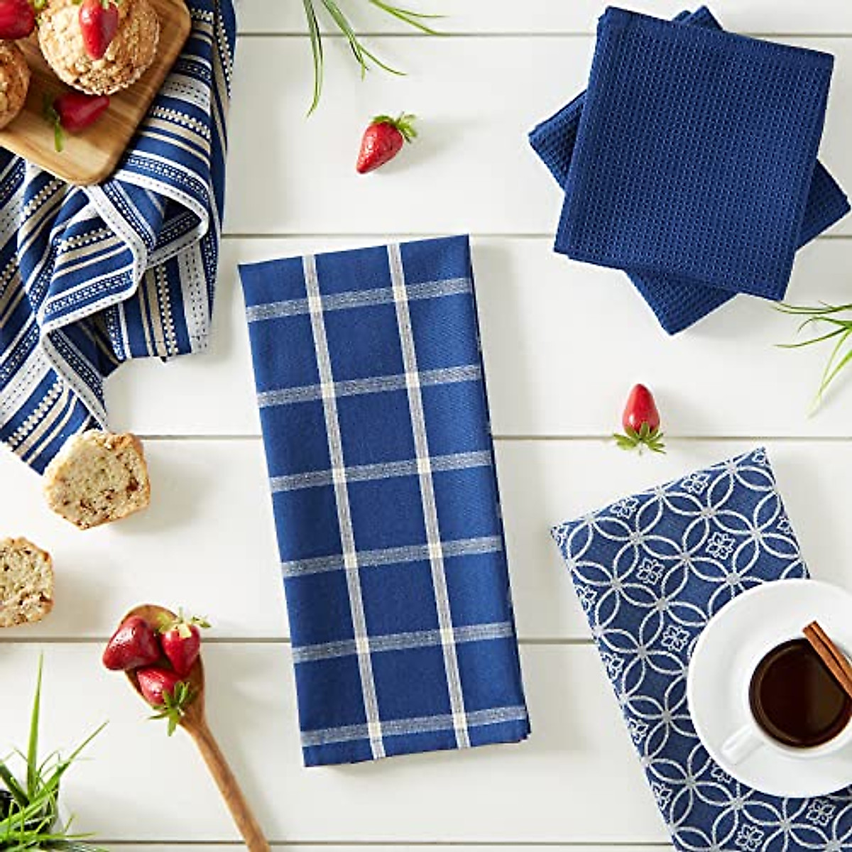 DII Assorted Woven Kitchen Set, Dishtowel, 18x28, Dishcloth, 13x13, Nautical Blue, 5 Piece