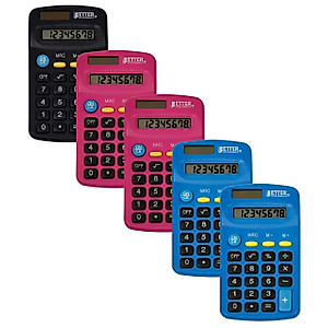 Better Office Products Pocket Size Mini Calculators, 5 Pack, Handheld Angled 8-Digit Display, Standard Function, Assorted Colors (Blue, Black, Pink), Dual Power with Included AA Battery Power