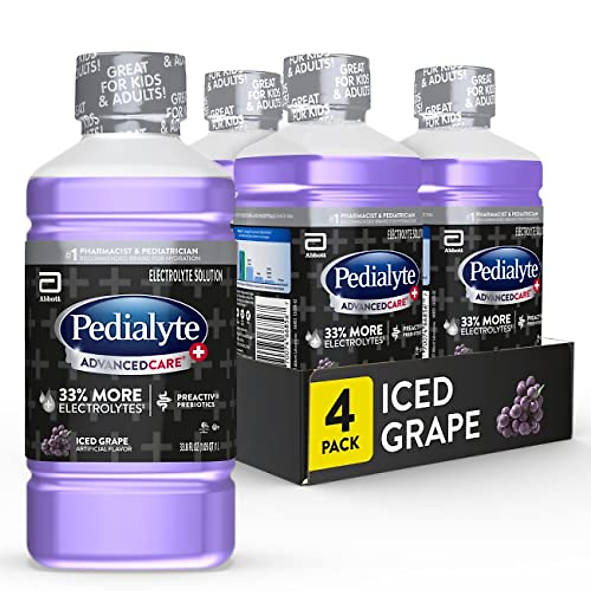 Pedialyte AdvancedCare Pedialyte AdvancedCare Plus Electrolyte Drink with 33% More Electrolytes and Has PreActiv Prebiotics, Iced Grape, 1 Liter, 4 Count