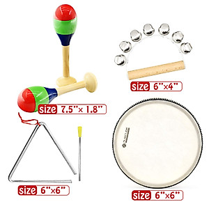 MUSICUBE 7 Pcs Musical Instrument Toys Set for Kids Wooden Percussion Instrument with Hand Drum, Maracas, Triangles, Hand Bell Educational Instrument for Toddler Birthday Gift for Boys Girls Aged 3+