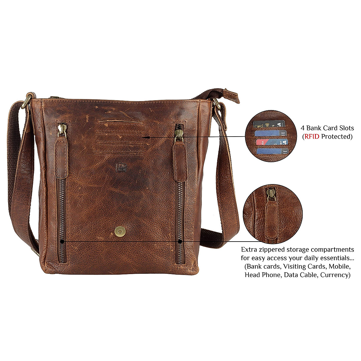 Mou Meraki Genuine Leather Brown Crossbody Purse and Handbags - Crossover Bag Over the Shoulder