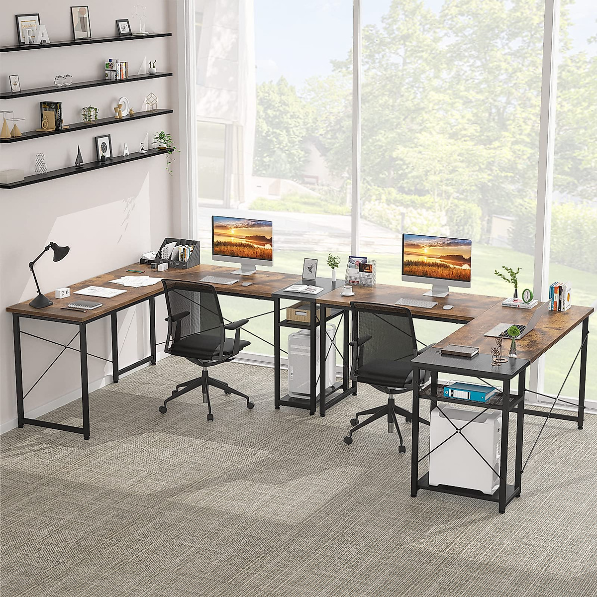 Ecoprsio L-Shaped Desk Large L Shaped Gaming Desk with Storage Shelves Industrial Corner Desk Writing Study Table for Home Office Gaming Workstation, Rustic Brown and Black