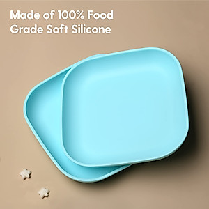 BABELIO Silicone Toddler Plates, 2 Pack Undivided Baby Self Feeding Utensils, BPA Free, Microwave, Oven and Dishwasher Safe, Soft and Durable Silicone Tray (Azure)