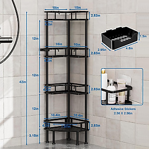 FJNATINH Corner Shower Caddy - 4 Tier Shower Organizer Corner Shelf Stainless Steel Floor Corner Shower Stand Rack for Bathroom Balcony Kitchen, No Drilling Shelves, Adhesive Shower Caddy