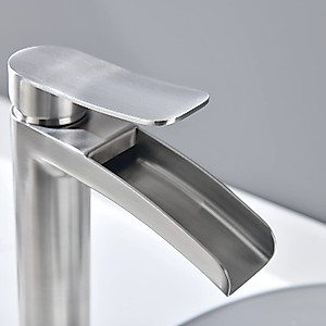 Phiestina Brushed Nickel Tall Bathroom Vessel Sink Faucet, Single Hole Single Handle Waterfall Modern Bathroom Faucet, with Pop Up Drain and Water Supply Line, NS-SF01-BN-V