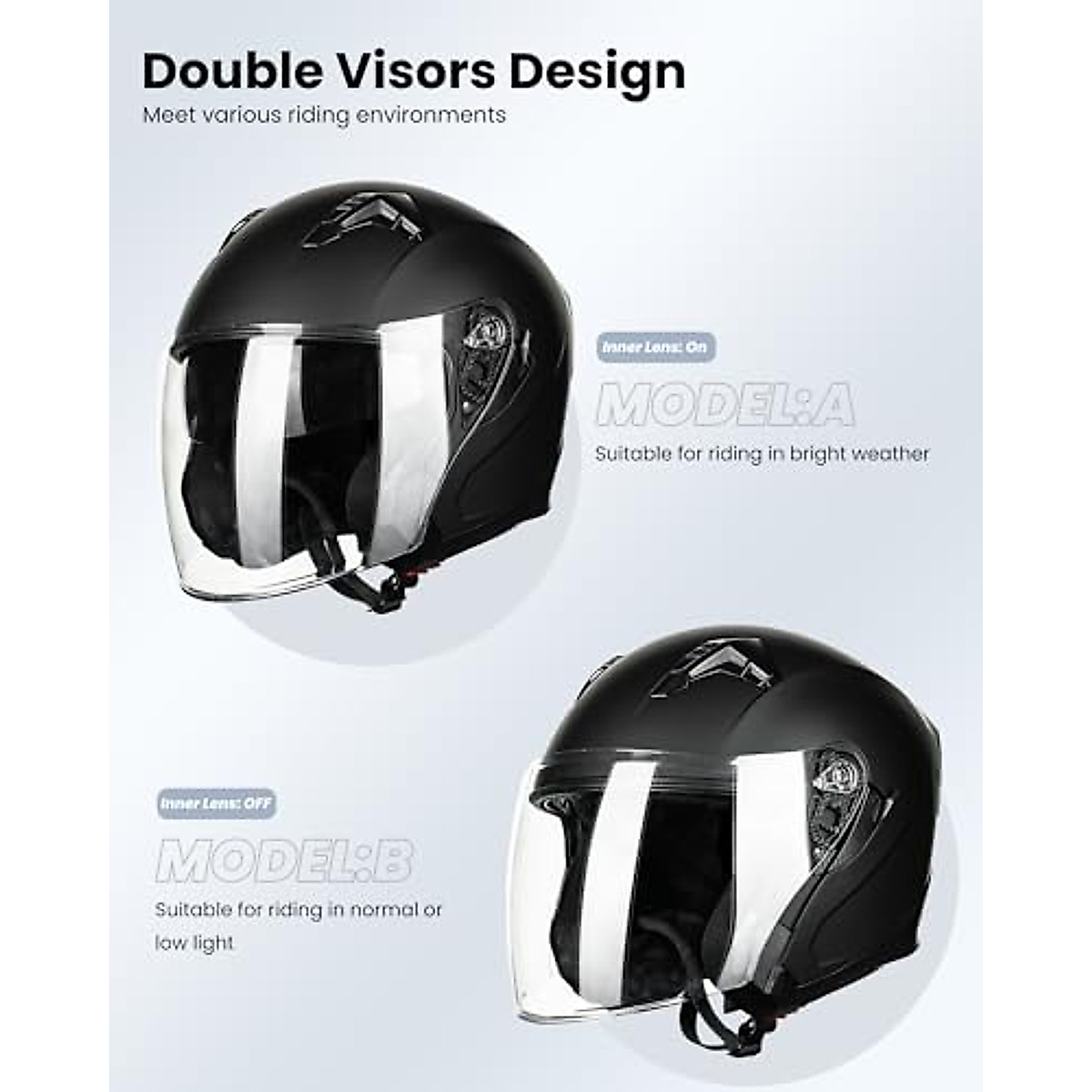 AUBOA Open Face Motorcycle 3/4 Helmets with Dual Visor for Men Women DOT Moped Scooter Cruiser Helmet Model AU-MO328 (Matte Black, L)