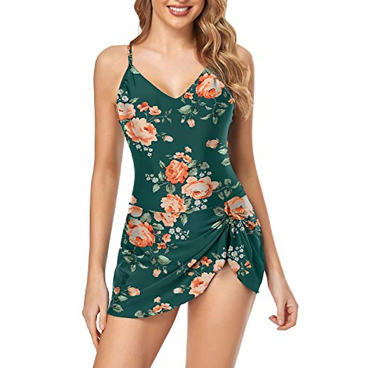Husmeu Womens Modest One Piece Swimsuits Swimdress Slimming Swim Dress Bathing Suit for Women Tummy Control Swimwear Swimdress Floral Printed XL