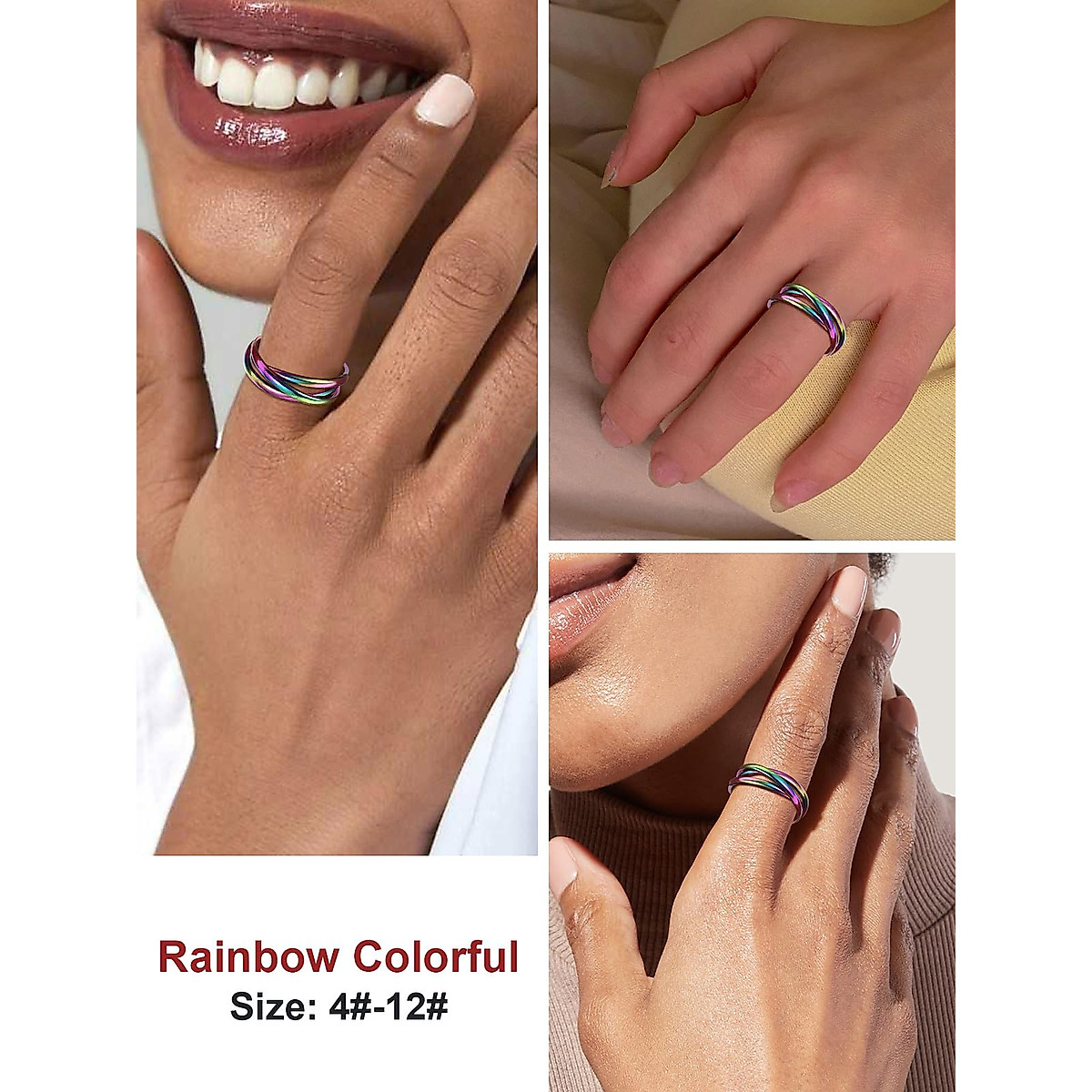 FOCALOOK Womens Rainbow Ring Fashion Fun Ring Triple Interlocked Fidget Ring (Rainbow,8)