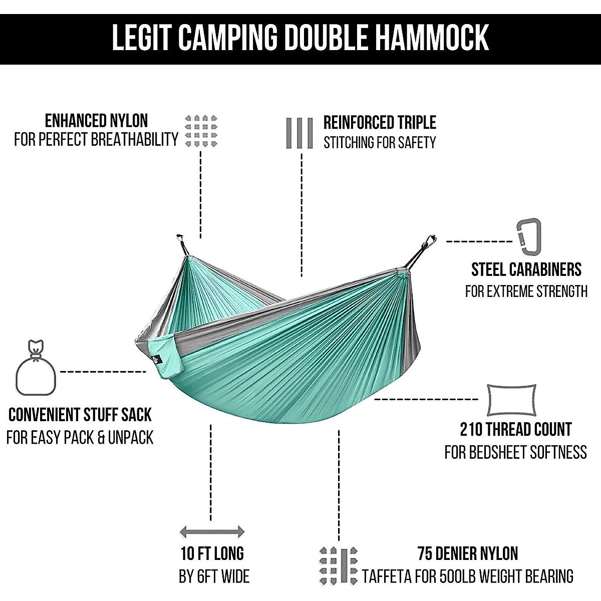 Legit Camping Hammock - Hammocks - 2 Person Hammock - Tree Hammock - Double Hammock - Portable Hammock - Outdoor Hammock - Hammock - Travel Hammock - Hammocks for outside - Heavy Duty Hammock