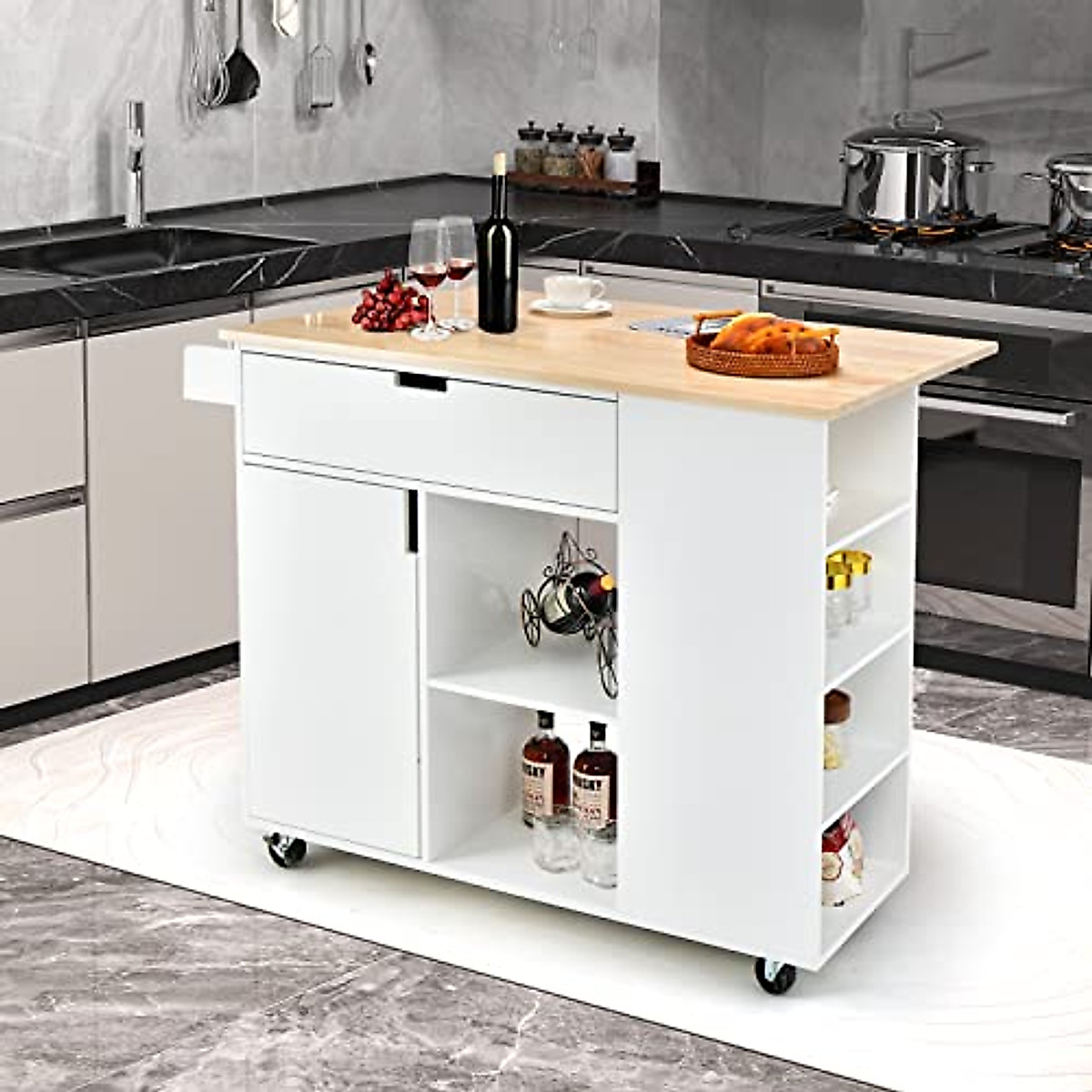 Giantex Kitchen Island Cart Drop-Leaf Countertop, Rubber Wood Breakfast Dining Table w/Large Drawer, Storage Shelves, 4-Tier Spice Rack, Rolling Serving Cart on 5 Wheels for Home Coffee Bar (White)