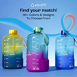 AQUAFIT Half Gallon Water Bottle With Time Marker - 64 oz Water Bottle With Straw - Gym Water Bottle With Strap - Big Water Bottle - Reusable Water Bottles With Straw - Large Water Bottle With Handle