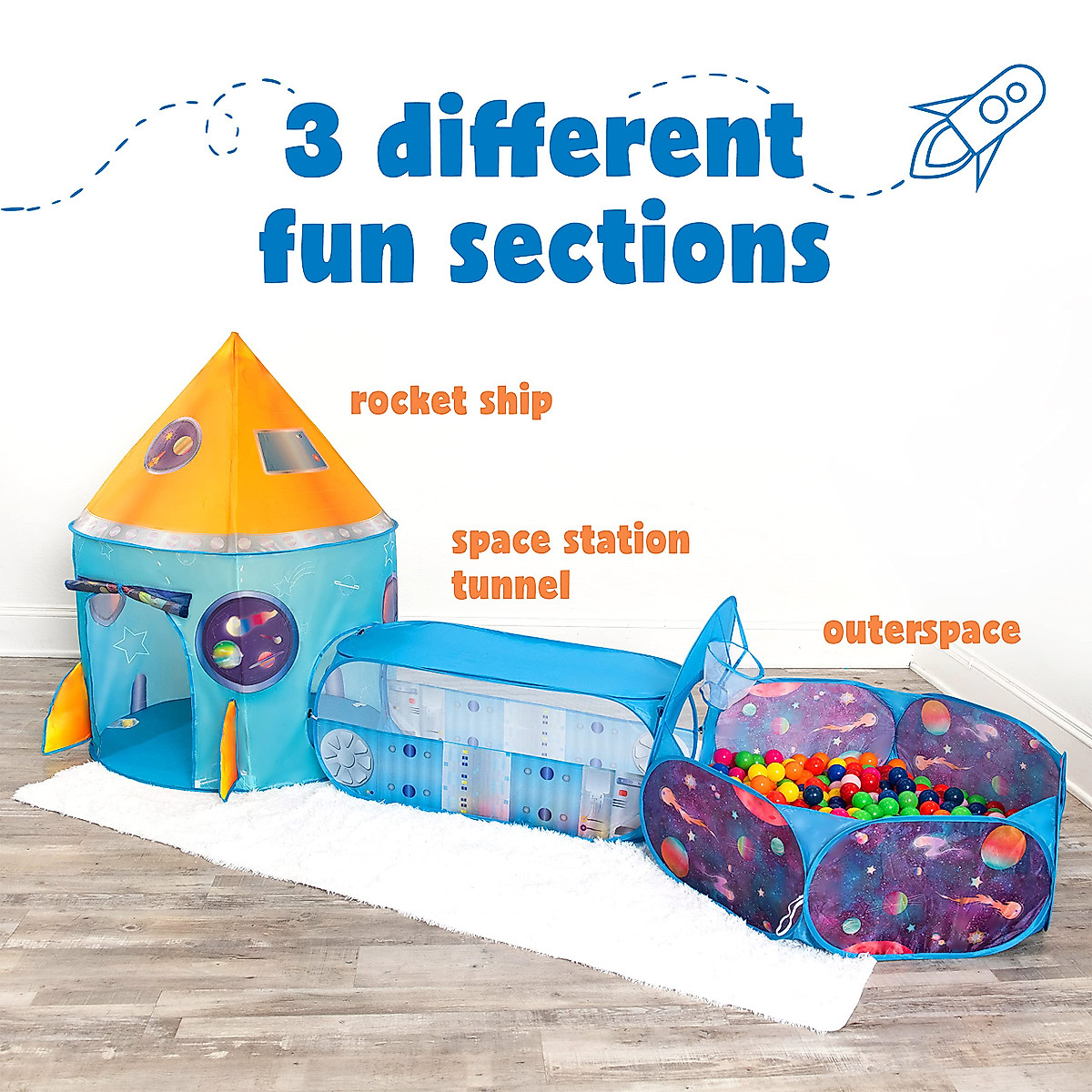 W&O Rocket Ship Play Tent with Tunnel, Ball Pit and Blast Off Button - Inspire Creative Play for Kids - Perfect for Indoor & Outdoor Adventures