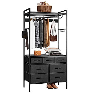 FUQARHY Freestanding Closet Organizer for Bedroom with Hooks, Clothes Garment Rack with 7 Drawers, Heavy Duty Clothes Shelf with Hanging Rod for Shoe Storage Wardrobe Clothes