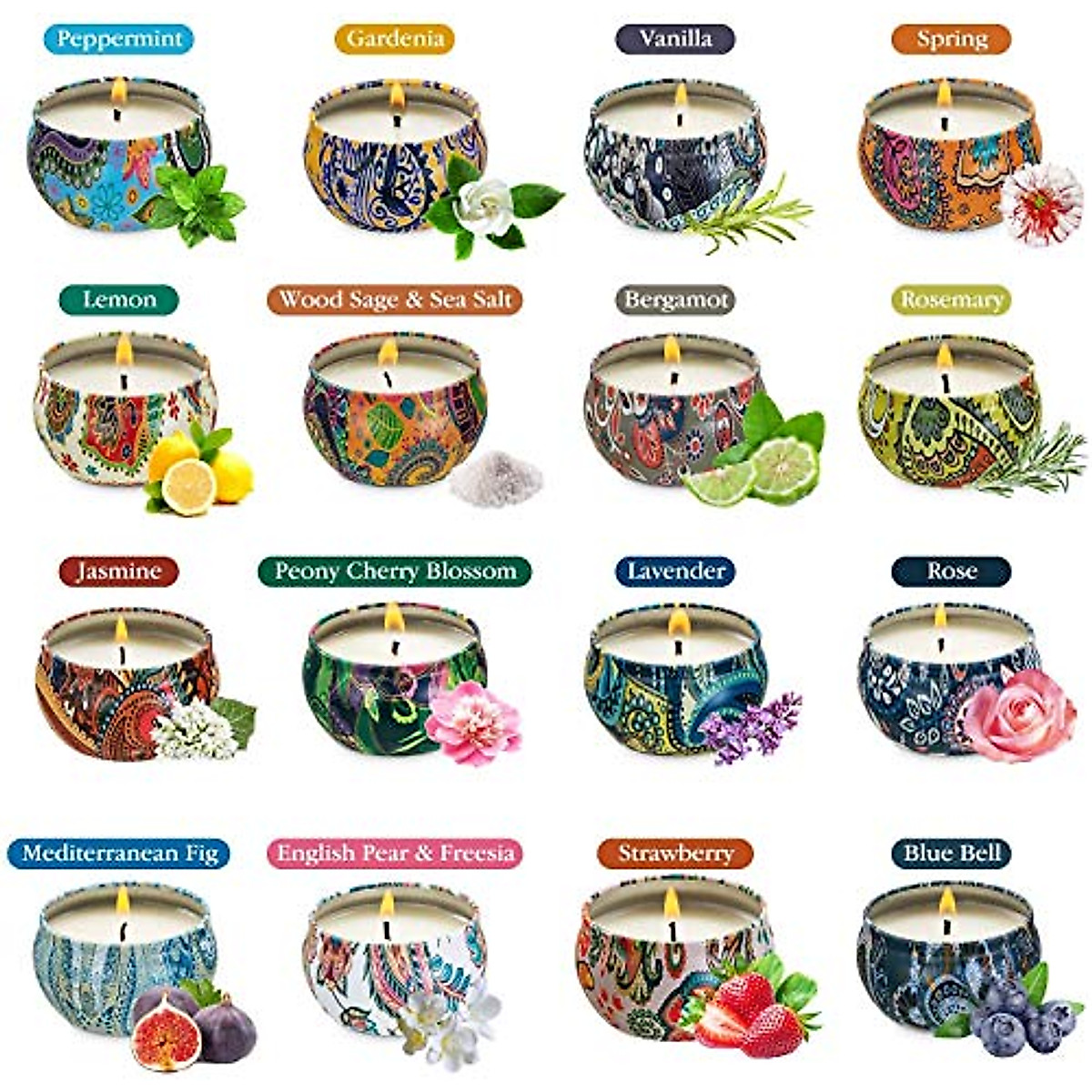 JHENG Set of 16 Small Scented Candles Soy Wax Aromatherapy Candles 2.5 OZ Portable Tin Candles with Lid, Relaxation Gifts Basket for Mother, Women, Friends and Coworkers