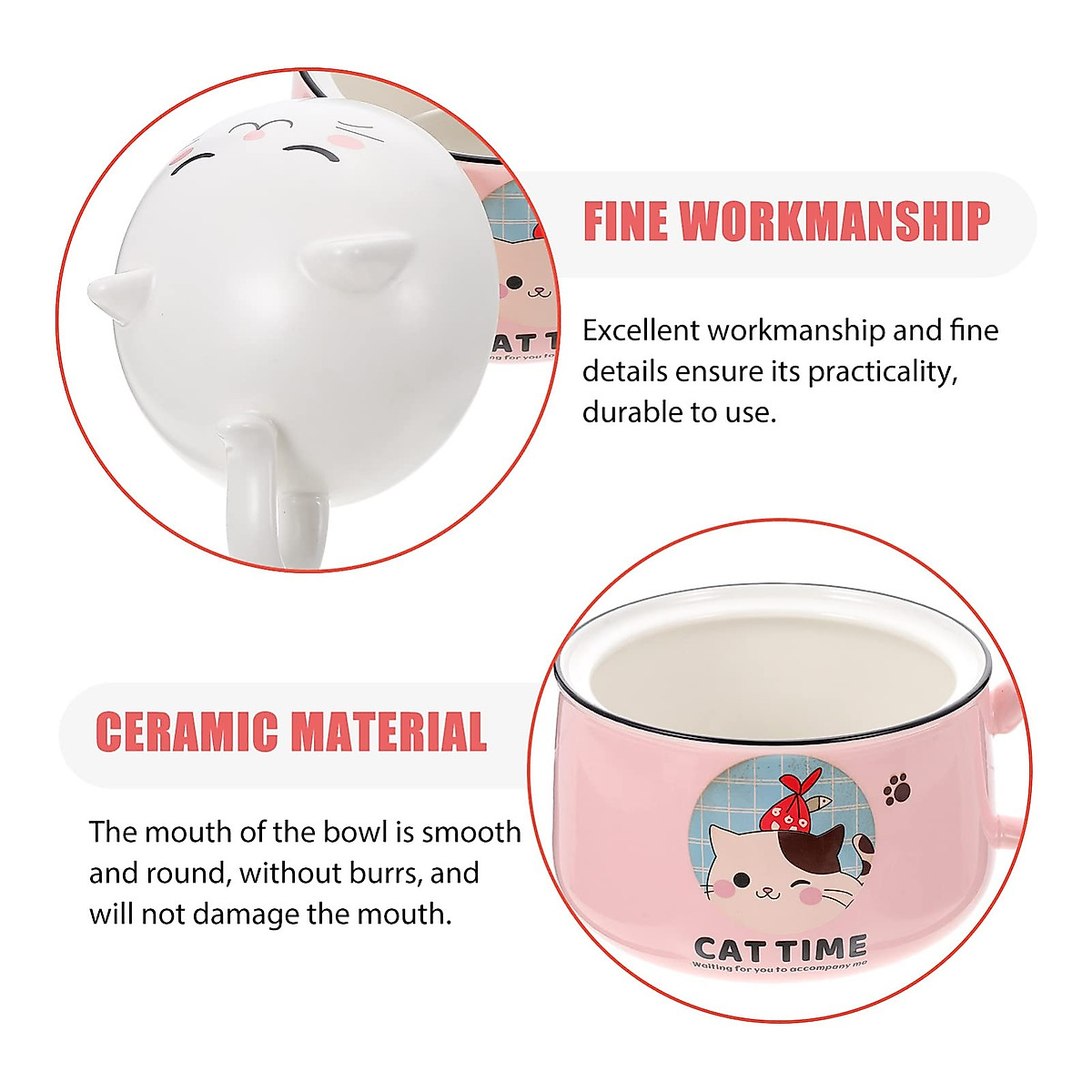 Angoily Chinese Decor Ceramic Bowl with Lid Handle Cat Design Instant Noodle Bowl Cereal Bowl Soup Mug Ramen Bowl for Rice Salad Noodle Pho Vegetable Fruit 1020ml Pasta Container