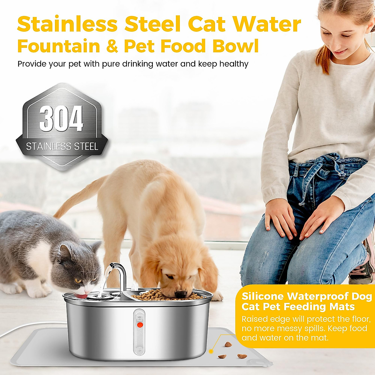 Easterville 4 PCS Replacement Filters for Stainless Steel Cat Water Fountain, Two Spout Pet Water Fountain Four Filtration Filters, 3L/101oz Dog Water Dispenser, 4 x Carbon Filter, 4 x Sponge Filter