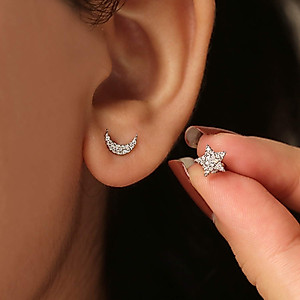 Certified 14K Solid Gold Star Moon Stud Earrings 0.13 Carat Natural Brilliant Cut Diamonds (G-H Color, SI1-SI2 Clarity) Fine Jewelry for Women Gifts for her