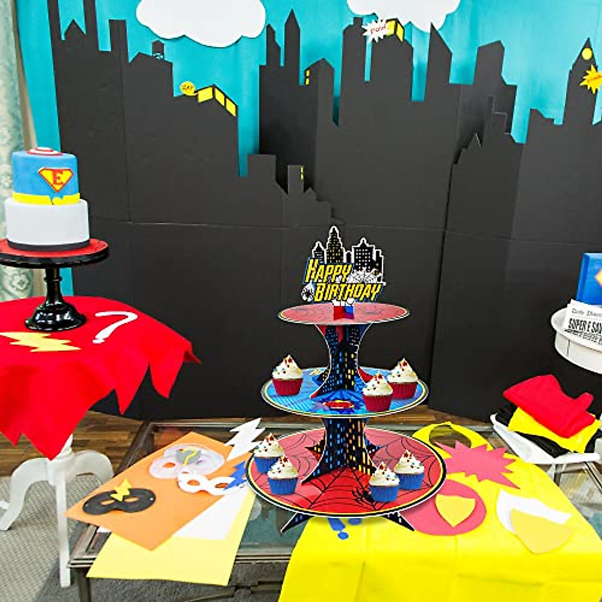 3 Tier Spider Cupcake Stand Superhero Spider Party Decorations Supplies for Kids Boys Themed Birthday Party