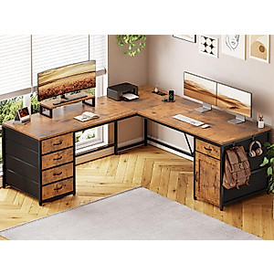 SEDETA L Shaped Desk, 63" Computer Desk with 5 Drawer & Power Outlet, Long Home Office Desk or Corner Desk, L Shaped Corner Desk with Monitor Shelf, Storage Cabinet, Rustic Brown