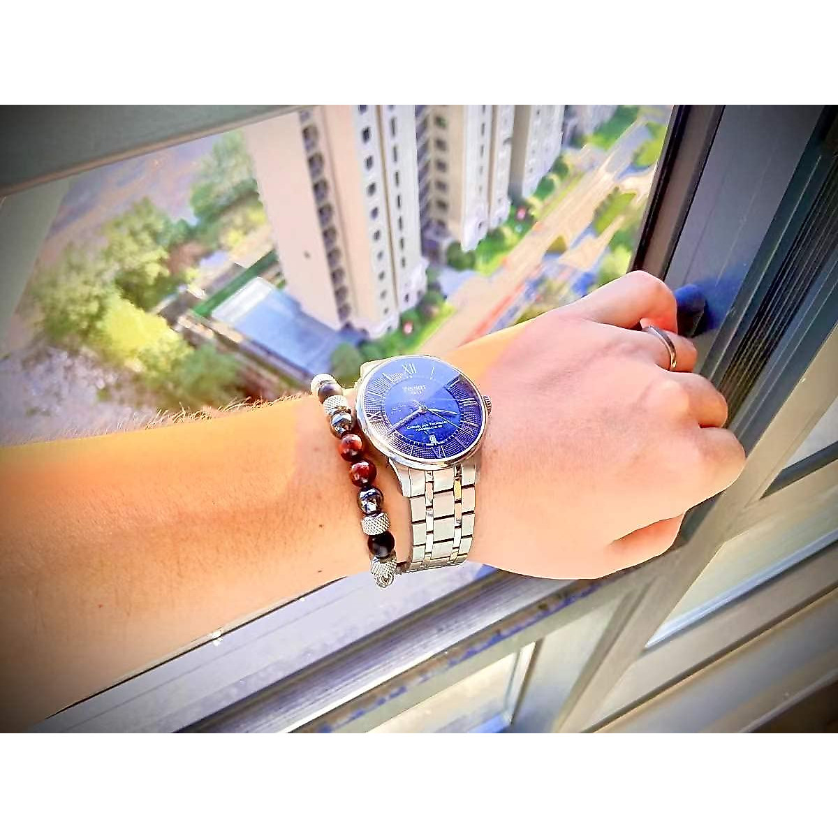 Auoy Dhof Tiger Eye Bracelet Beaded Couple Bracelet for Women and Men Titanium Steel Chain Adjustable 8 mm (Red)