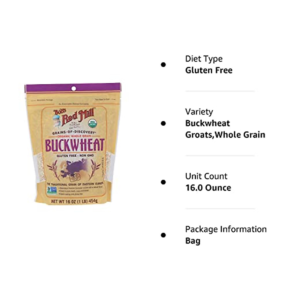 Bob’s Red Mill Organic Raw/Untoasted Buckwheat Groats, 16 Ounce Bag (Pack of 1), Gluten Free, Non-GMO, Kosher