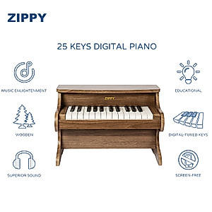 ZIPPY Kids Piano Keyboard, 25 Keys Digital Piano for Kids, Mini Music Educational Instrument Toy, Wood Piano for Toddlers Girls Boys, Walnut