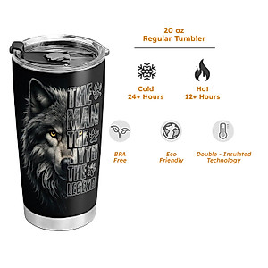 20oz Wolf Tumbler, Wolf Man Nutrition Fact The Man The Myth The Legend, Wolves Gifts, Coffee Thermos for Men, Stainless Steel Double Wall Vacuum Insulated Coffee Mug, Travel Cup with Lid