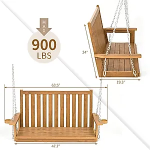 Mega Casa Poly Lumber Porch Swing, Deep Seat and High Backrest, with Removable Cup Holders, Wood-Like Pattern, Heavy Duty 900 LBS, for Outdoor Patio Garden Yard (Teak Tone)