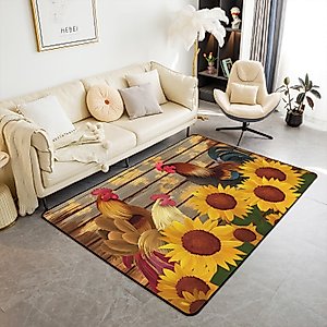 Erosebridal Cartoon Rooster Area Rug for Kids Boys Girls,Vintage Chicken Rug 3x5,Wooden Barn Door Sunflower Floral Area Rugs for Bedroom Non Shedding,Black White Plaid Check Living Room Rug
