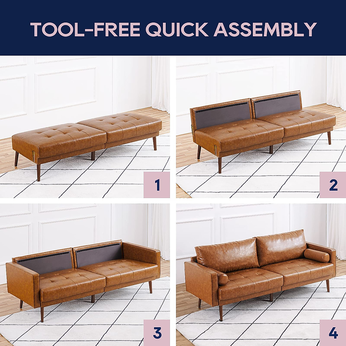 Vonanda Nora 73" Couch and 56" loveseat, Mid-Century Modern Faux Leather 2-Piece Sofa Couches with Comfort Waffle Cushion and Bolster Pillows for Small Apartment, Cognac Tan