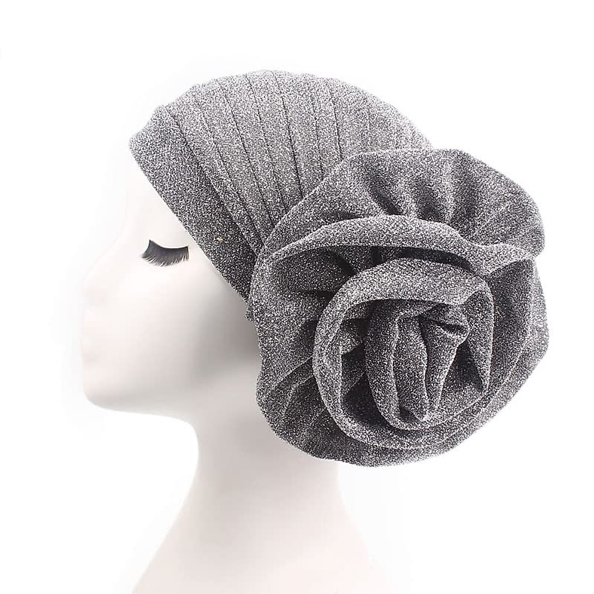 Women Turban Flower Caps Chemo Head Wraps Cap Stretchy Turban Hat Head Cover Flower Knot India's Hat for Women Girl Silvery